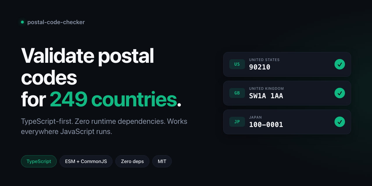 Validate postal codes for 249 countries · postal-code-checker